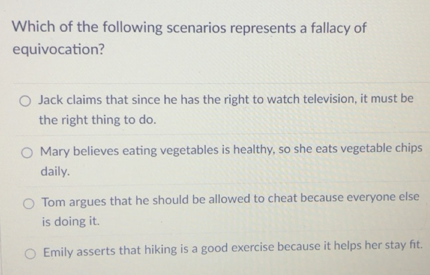 Solved: Which of the following scenarios represents a fallacy of ...