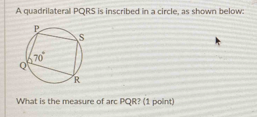 Solved: A quadrilateral PQRS is inscribed in a circle, as shown below: What is the measure of ...