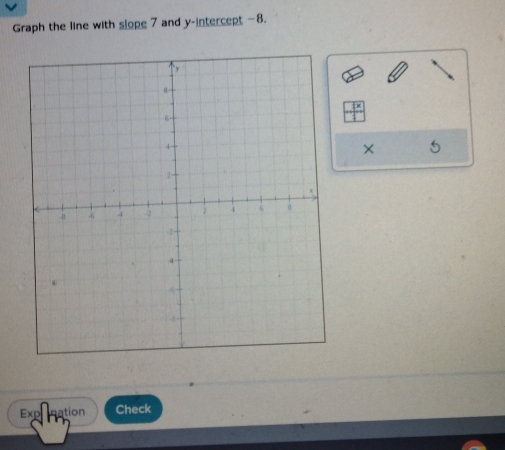 Solved: Graph the line with slope 7 and y-intercept −8. × Exprnation ...