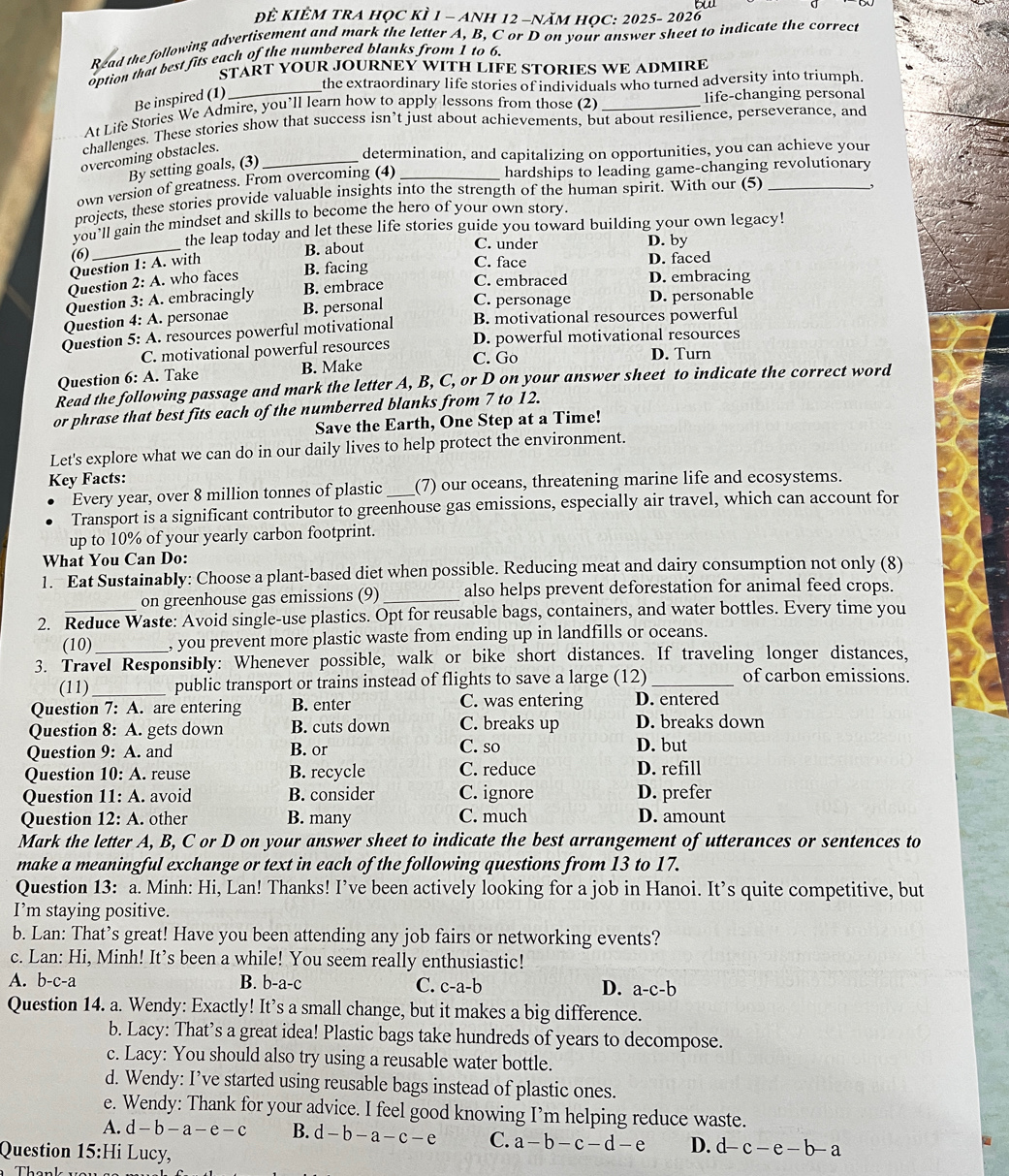 Giải quyết:bw Ê KIÊM TRA học kÌ 1 - Anh 12 -năm học: 2025- 2026 Read ...