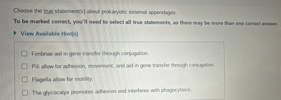 Solved: Choose the true statement(s) about prokaryotic external ...