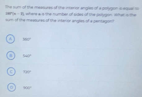 Gelöst:The sum of the measures of the interior angles of a polygon is ...