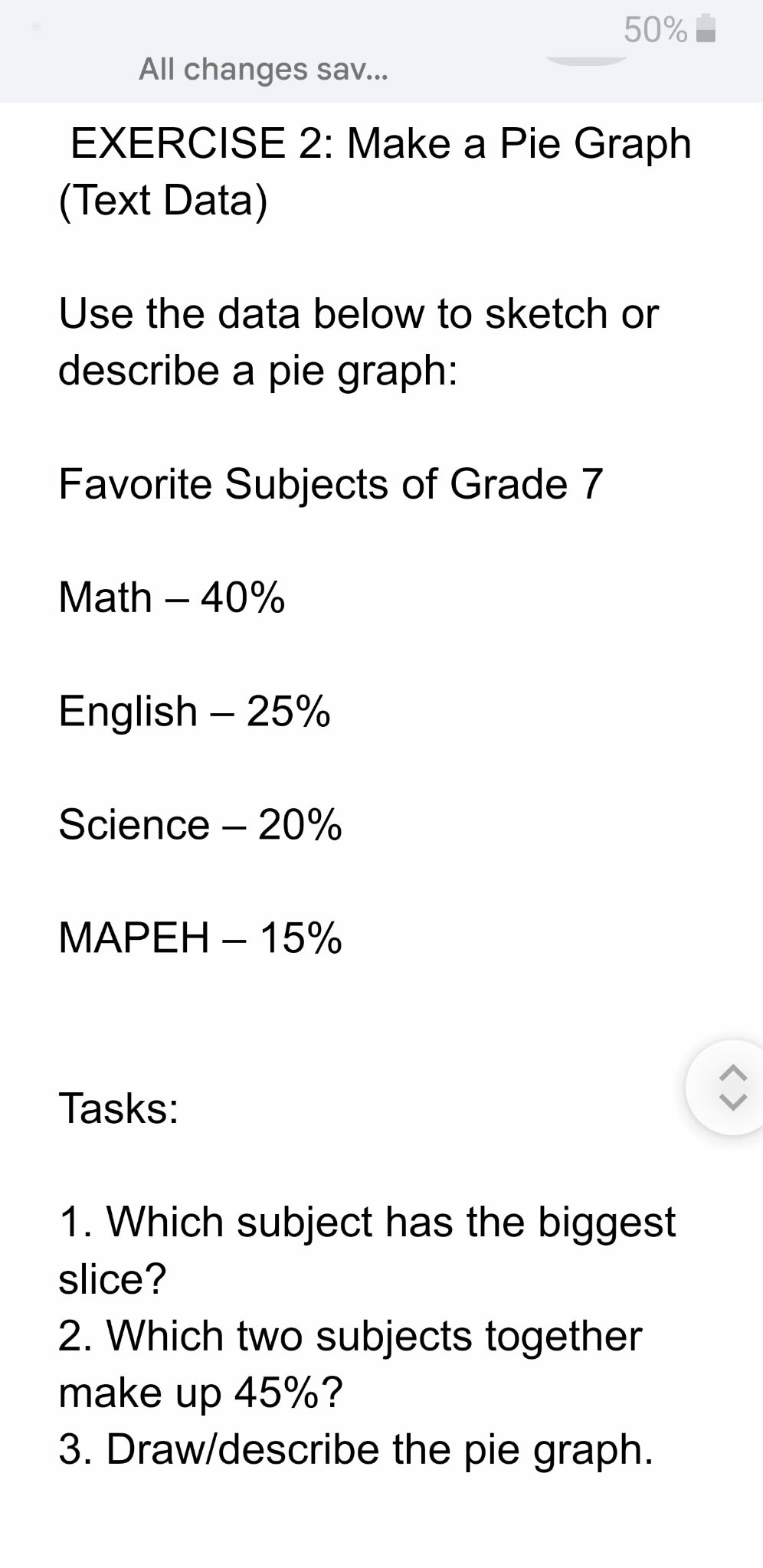 Solved: 50% All changes sav... EXERCISE 2: Make a Pie Graph (Text Data ...