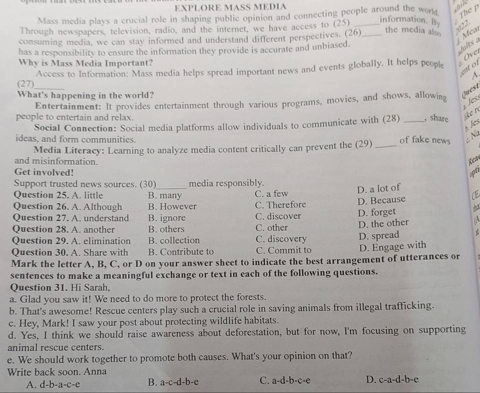 Giải quyết:EXPLORE MASS MEDIA The p Mass media plays a crucial role in ...