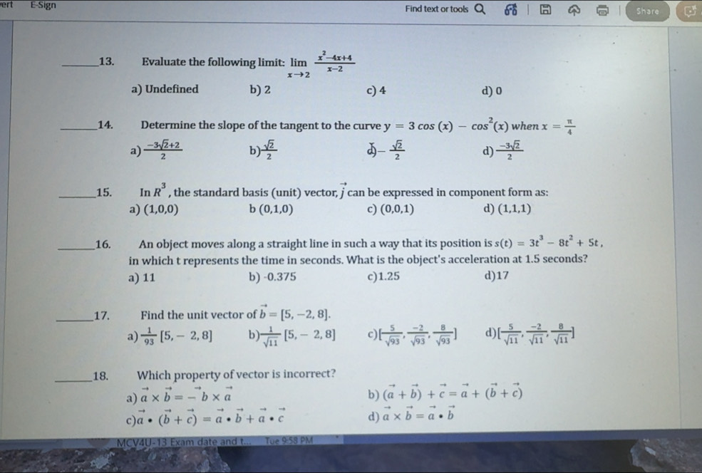 Solved: ert E-Sign Find text or tools Share _13. Evaluate the following ...