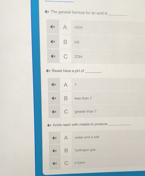 Solved: The general formula for an acid is _. A HOH B HX C ZOH Bases ...