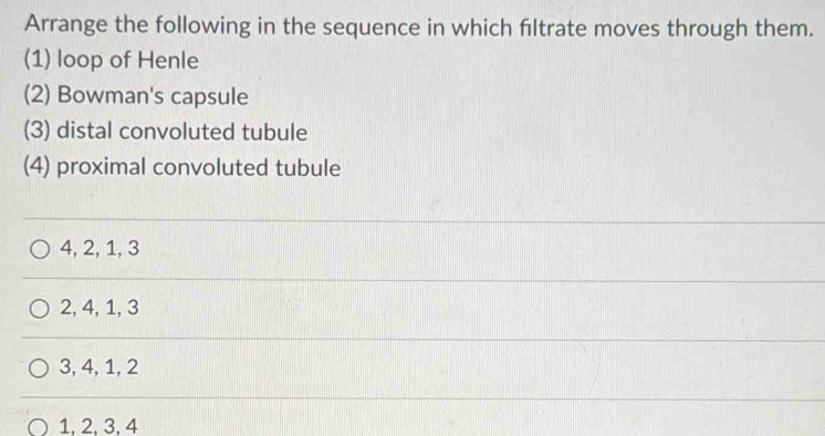 Solved: Arrange the following in the sequence in which filtrate moves ...