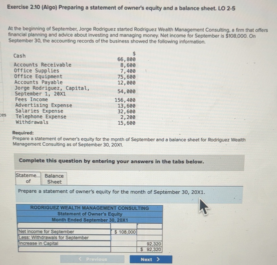 Solved: (Algo) Preparing a statement of owner's equity and a balance ...
