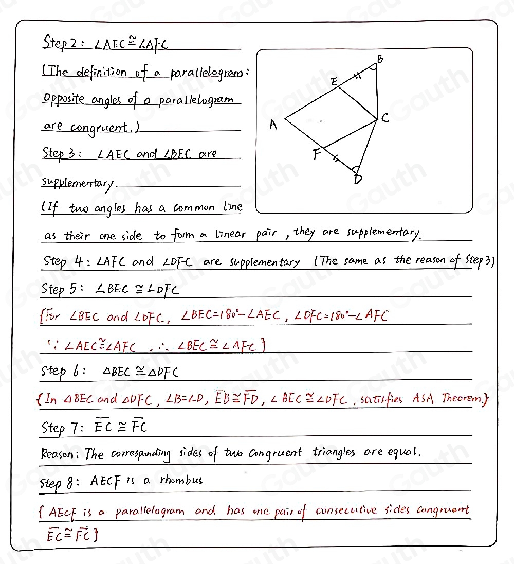Solved: Given: AECF is a parallelogram, overline EB≌ overline FD and ∠ B≌ ∠ D. Prove: AECF is a ...