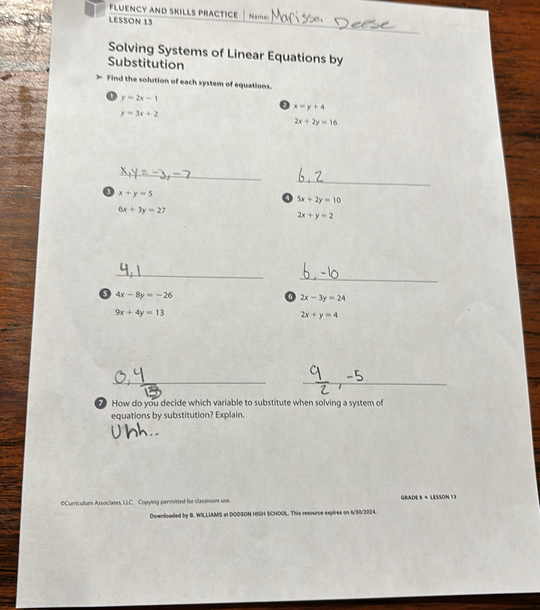 Solved: FLUENCY AND SKILLS PRACTICE Name: LESSON 13 Solving Systems of ...
