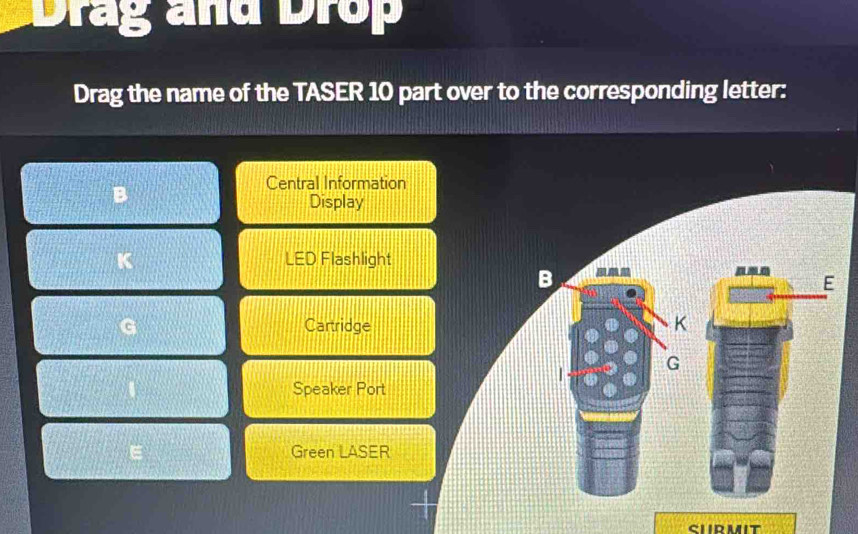 Solved: Drag and Drop Drag the name of the TASER 10 part over to the corresponding letter: B Ce ...