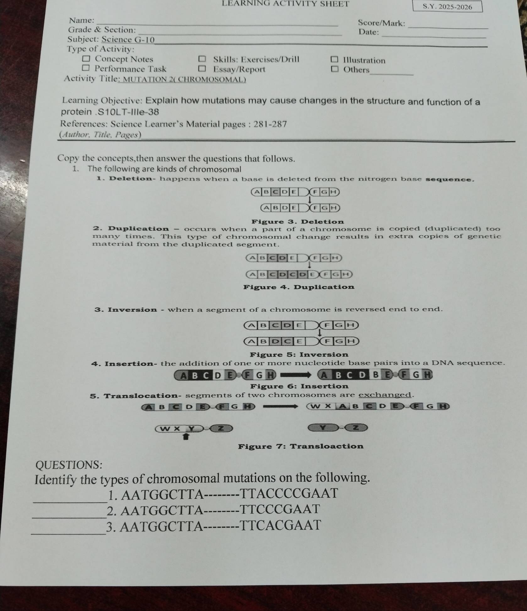 Solved: LEARNING ACTIVITY SHEET S.Y. 2025-2026 _ Name:_ Score/Mark ...