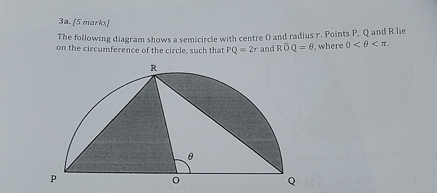 The following diagram shows a semicircle with centre O and radius r ...