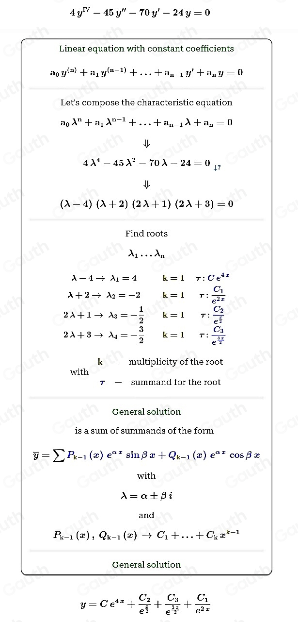 Solved: (4D^4-45D^2-70D-24)y=0 [Math]
