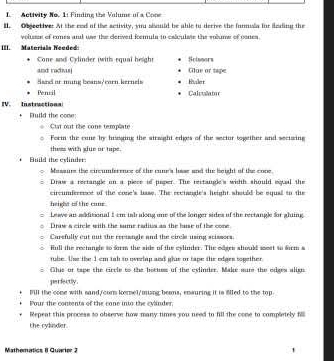 Solved: Activity No. 1: Finding the Valume of a Cone l. Obgectiver At ...