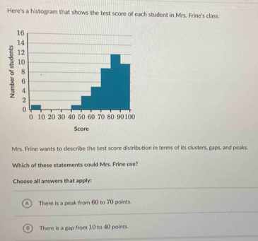 Solved: Here's a histogram that shows the test score of each student in ...