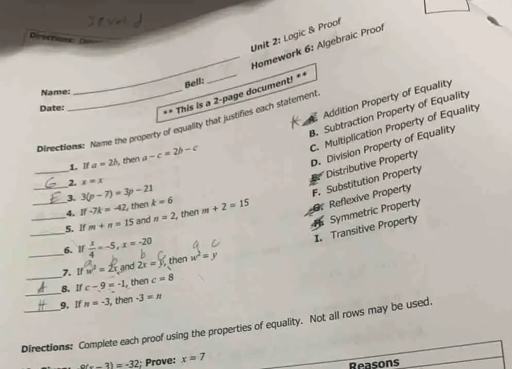 Solved: Directions: Unit 2: Logic & Proof Homework 6: Algebraic Proof ...