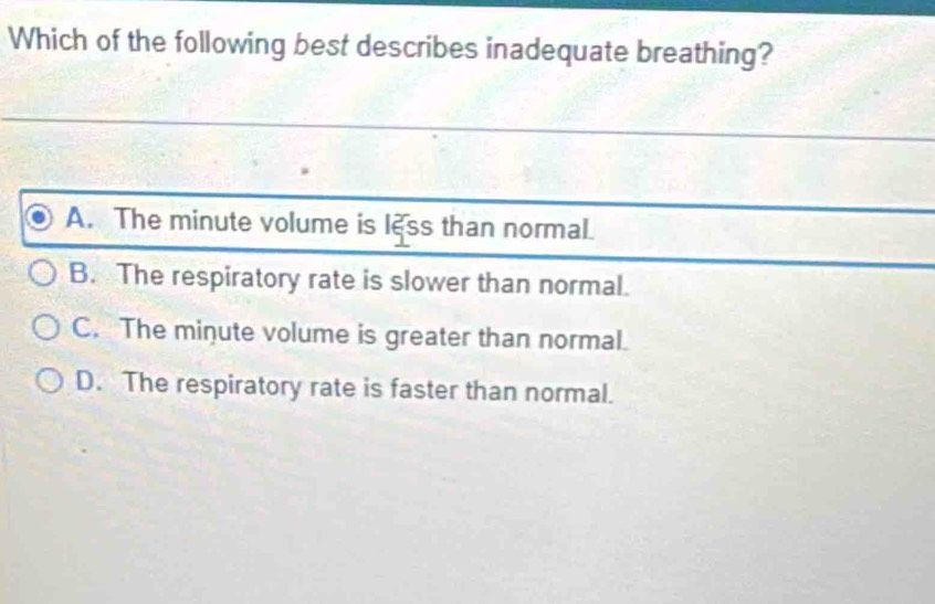 Solved: Which of the following best describes inadequate breathing? A ...