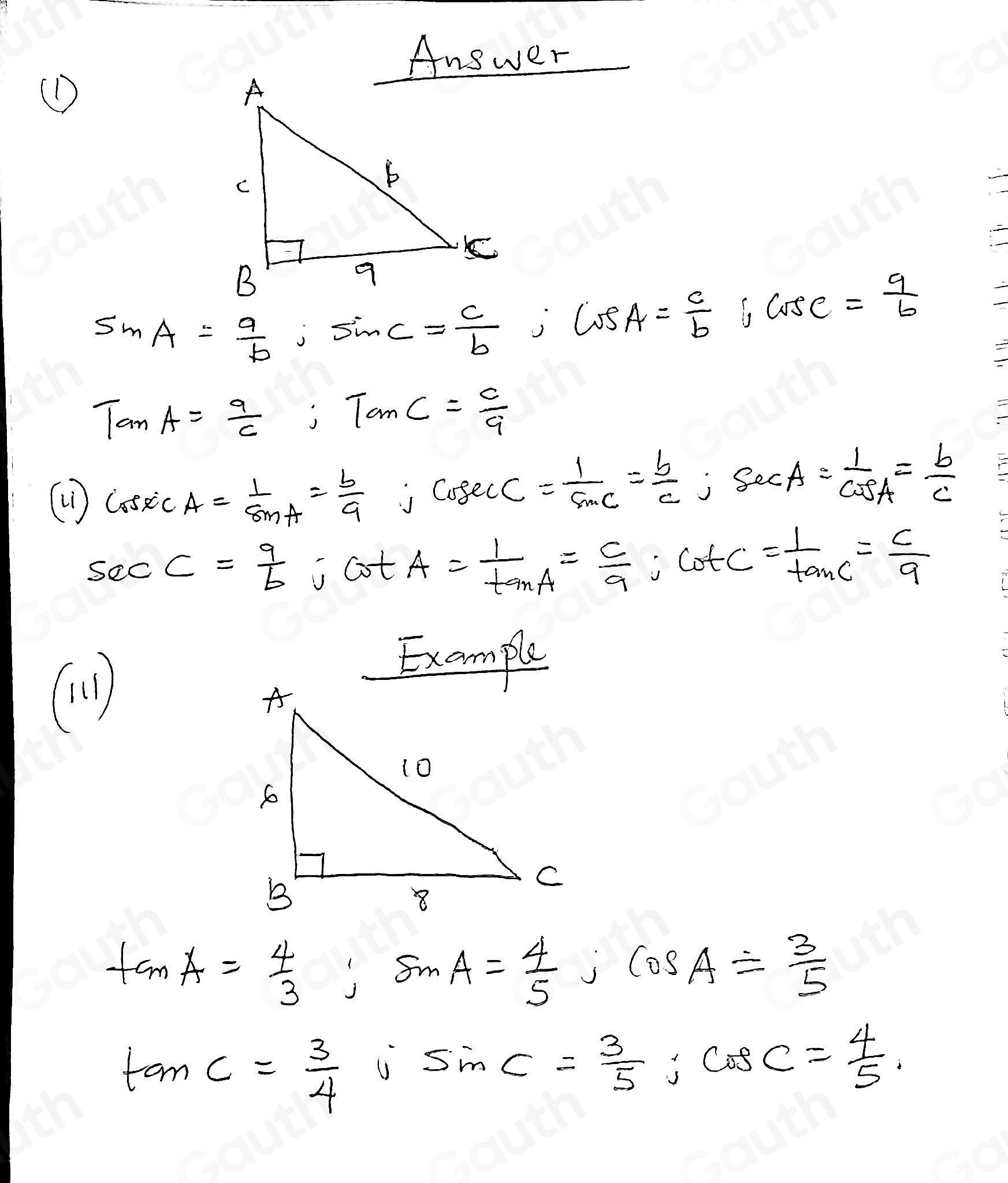 Solved: Draw triangle ABC with a right angle at B, define sin A sin C. CosA. CosC. tan A Tanc ...
