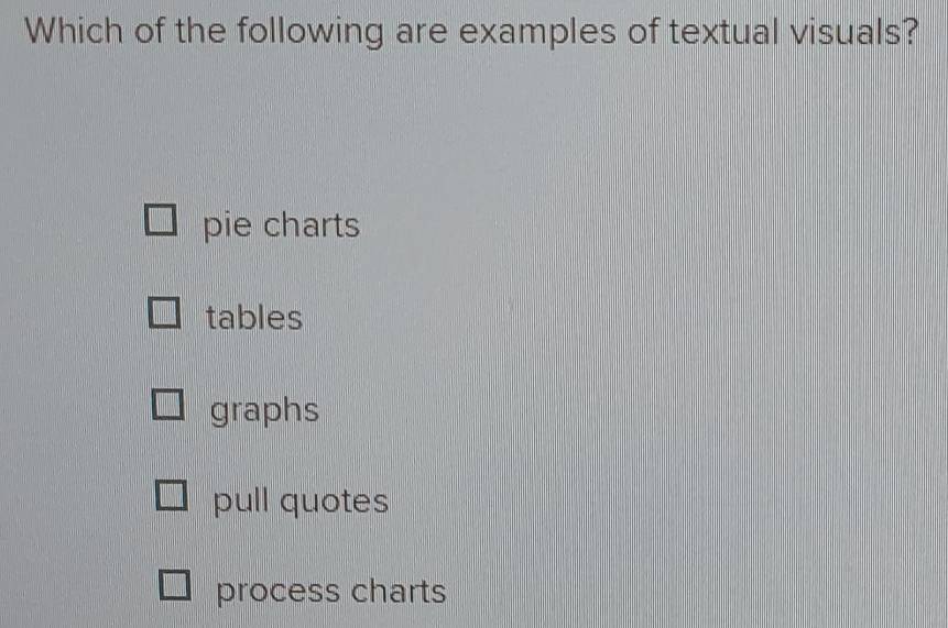 Solved: Which of the following are examples of textual visuals? pie ...