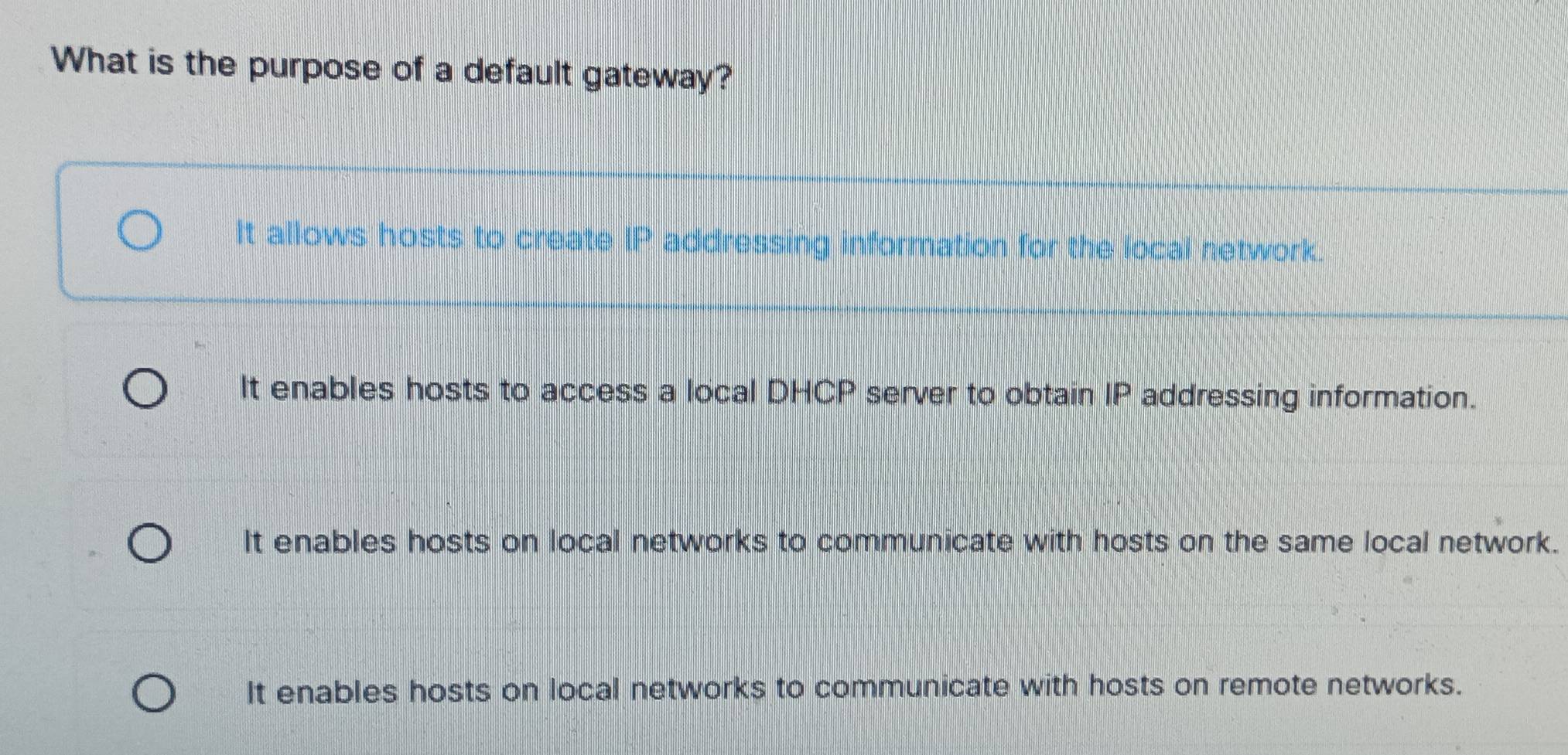 Resuelto:What is the purpose of a default gateway? It allows hosts to ...