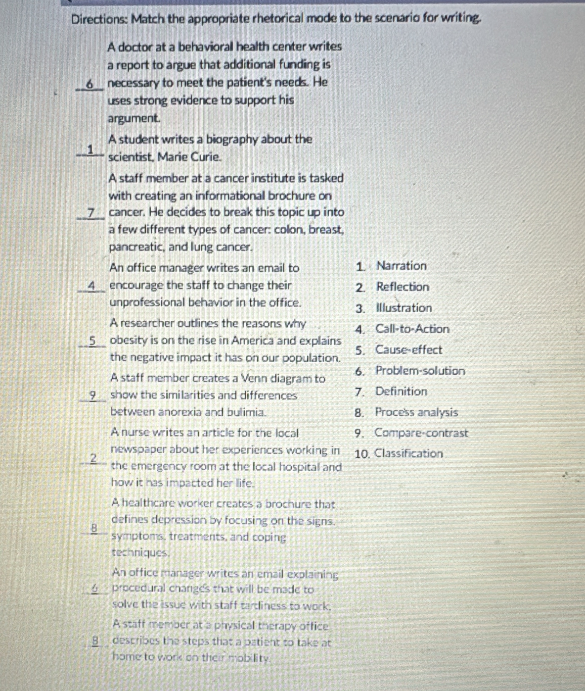 Solved: Directions: Match the appropriate rhetorical mode to the scenario for writing. A doctor ...
