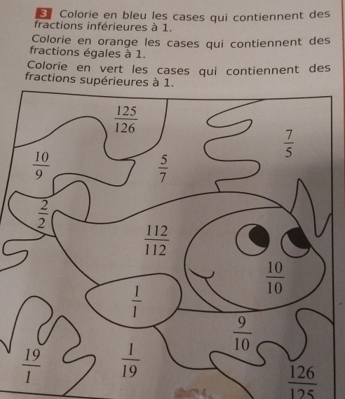 Résolu :Colorie en bleu les cases qui contiennent des fractions ...