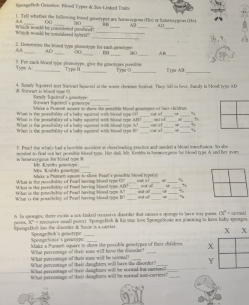 Solved: SpongeBob Genetics: Blood Types & Sex-Linked Traits 1. Tell ...