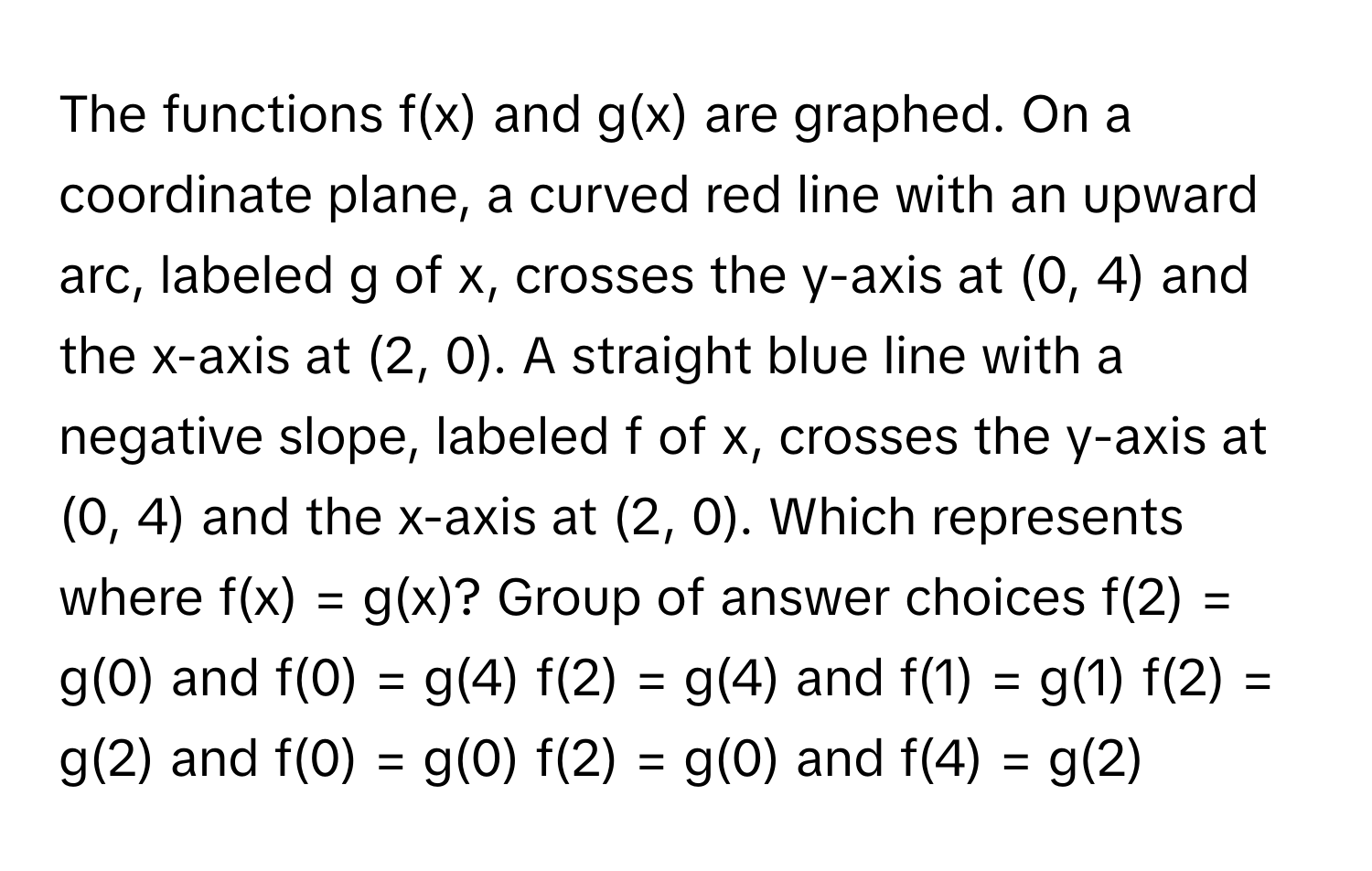 Solved: The functions f(x) and g(x) are graphed. On a coordinate plane ...