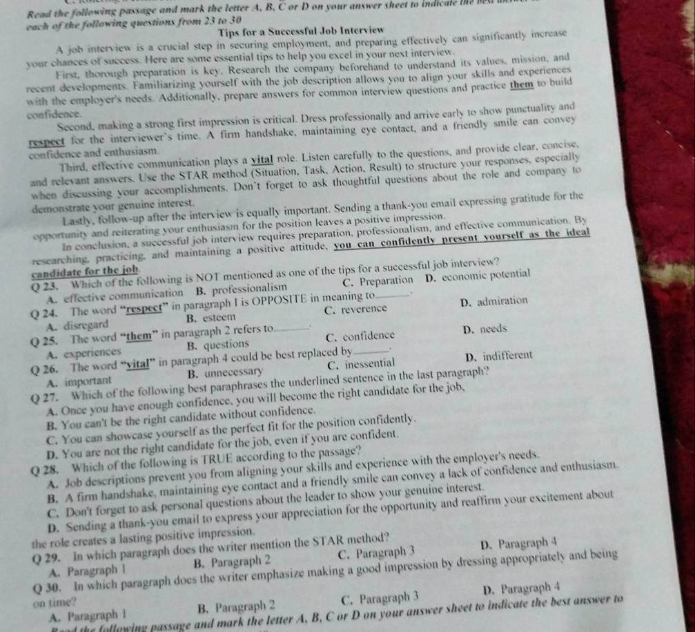 Giải quyết:Read the following passage and mark the letter A. B. C or D ...