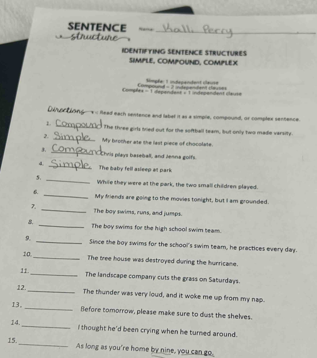 Solved: SENTENCE Rrenge_ ucture IDENTIFYING SENTENCE STRUCTURES SIMPLE ...