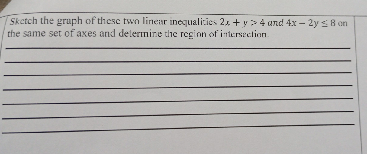 Solved: Sketch the graph of these two linear inequalities 2x+y>4 and 4x ...