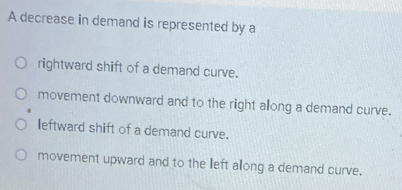 Solved: A decrease in demand is represented by a rightward shift of a ...