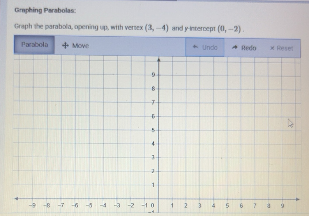 Solved: Graph the parabola, opening up, with vertex (3,-4) and y ...