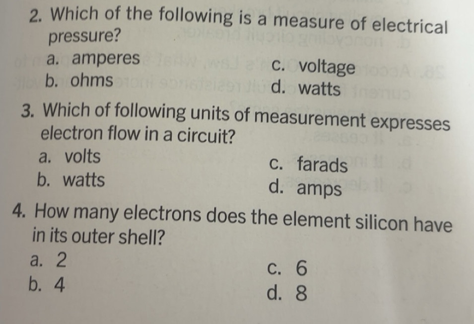 Solved: Which of the following is a measure of electrical pressure? a ...