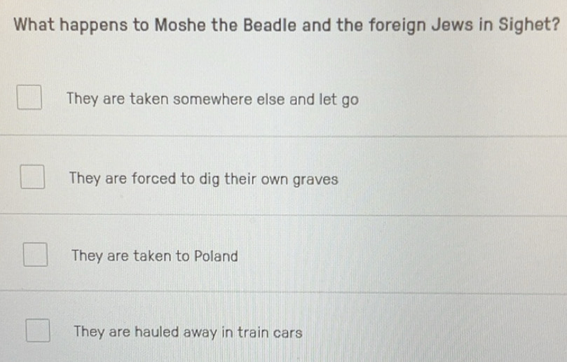 Solved: What happens to Moshe the Beadle and the foreign Jews in Sighet ...