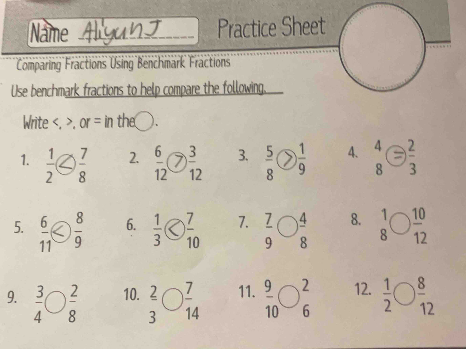 Solved: Name _Practice Sheet Comparing Fractions Using Benchmark ...