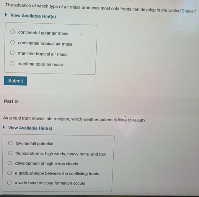 Solved: The advance of which type of air mass produces most cold fronts ...