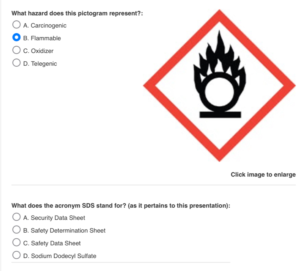 Solved: What hazard does this pictogram represen A. Carcinogenic B ...