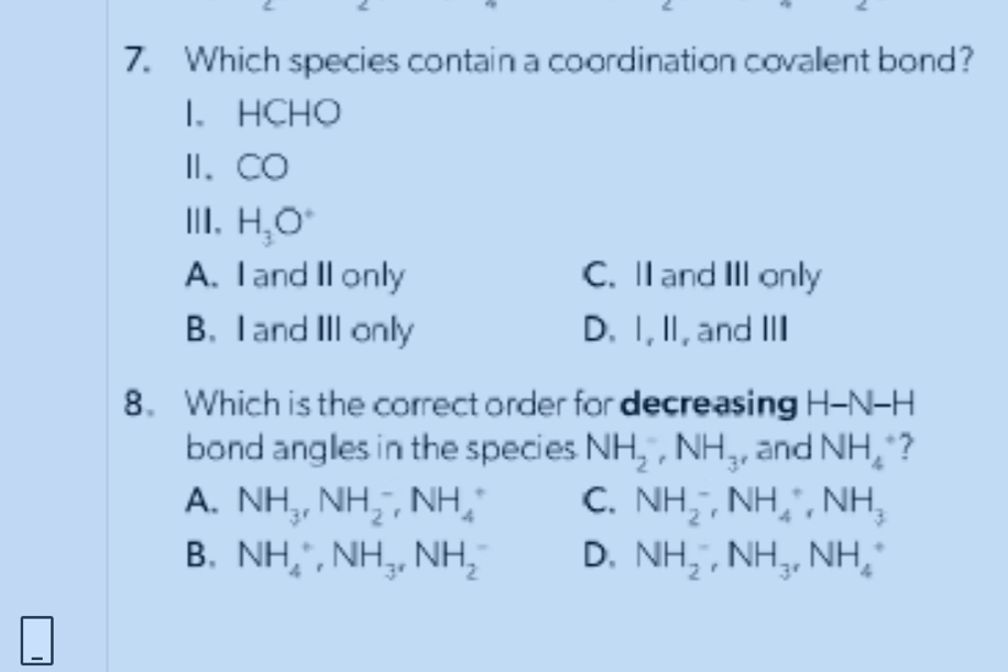 Solved: Which species contain a coordination covalent bond? I、HCHO I、CO ...