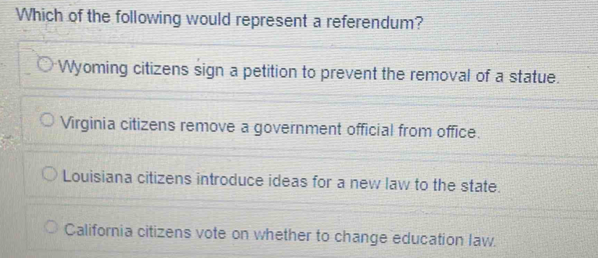 Solved: Which of the following would represent a referendum? Wyoming ...