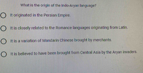 Solved: What is the origin of the Indo-Aryan language? It originated in ...