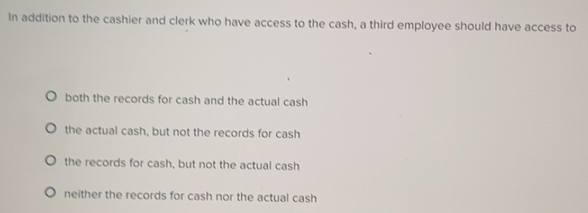 Solved: In addition to the cashier and clerk who have access to the ...