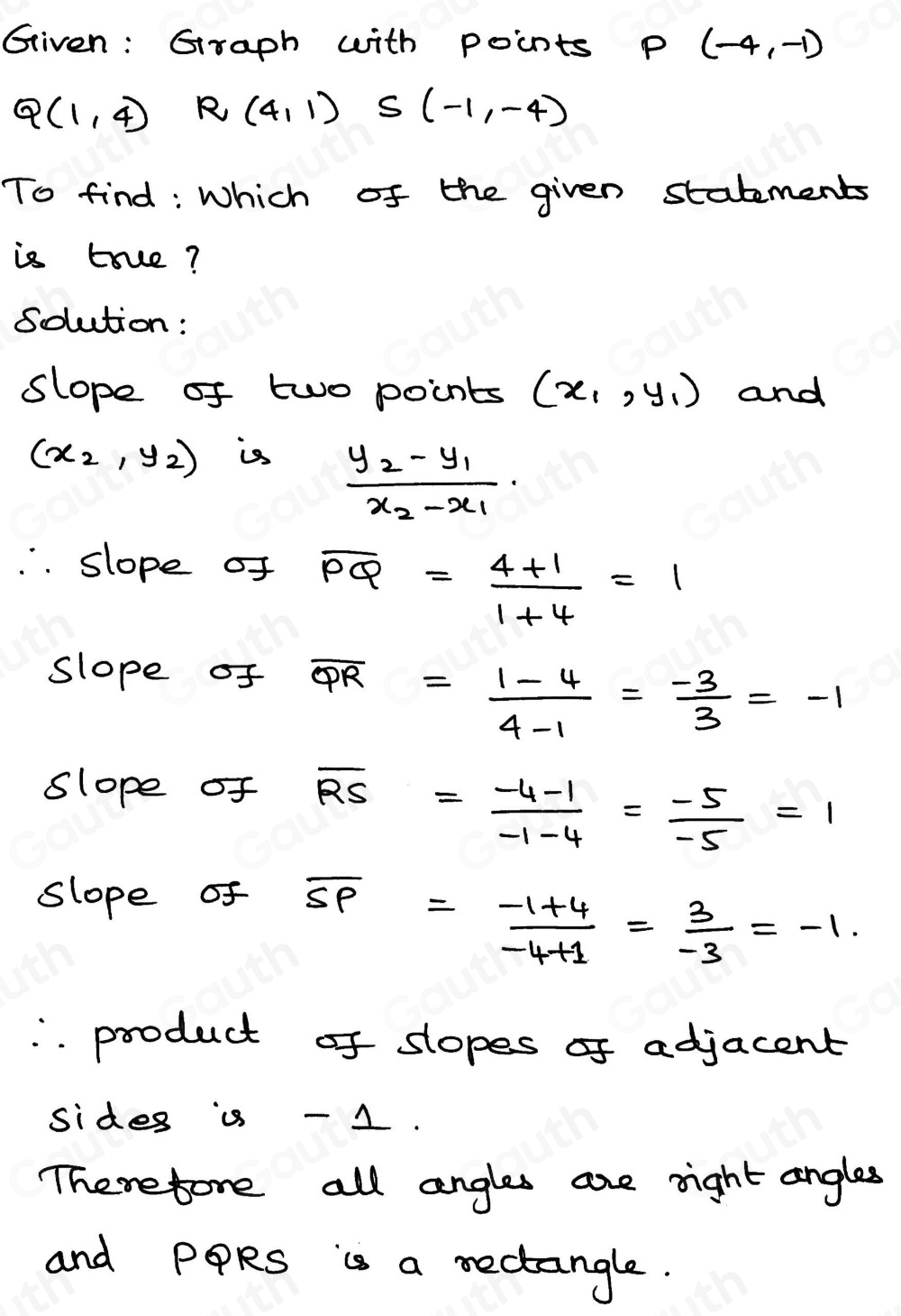 Solved: slope of overline PQ=1; slope of overline QR=-1 slope of overline RS=1; slope of ...