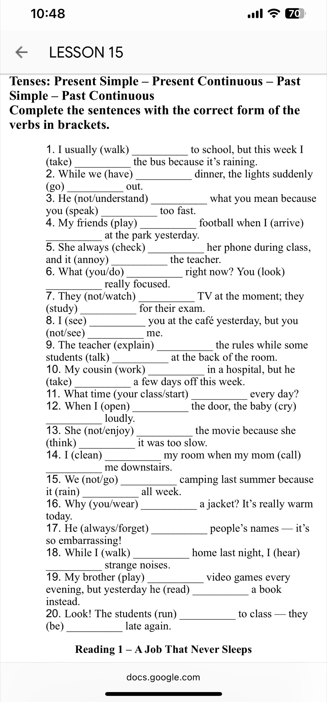 Giải quyết:10:48 LESSON 15 Tenses: Present Simple - Present Continuous ...