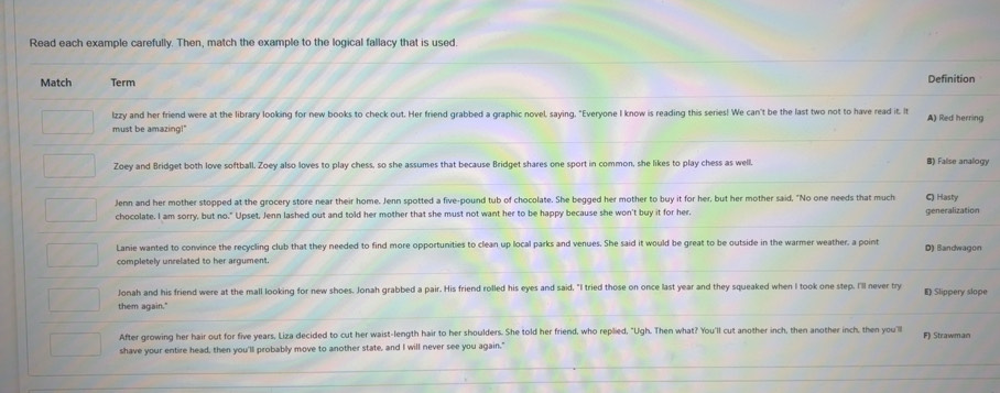 Solved: Read each example carefully. Then, match the example to the ...