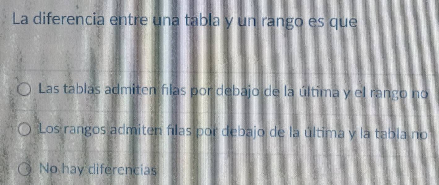 Resuelto:La diferencia entre una tabla y un rango es que Las tablas admiten fılas por debajo de la