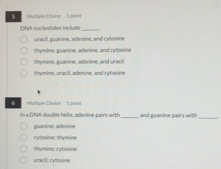 Solved: DNA nucleotides include_ uracil, guanine, adenine, and cytosine ...