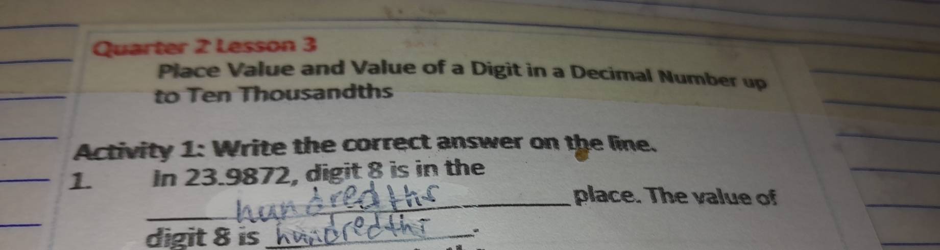 Solved: Quarter 2 Lesson 3 Place Value and Value of a Digit in a ...