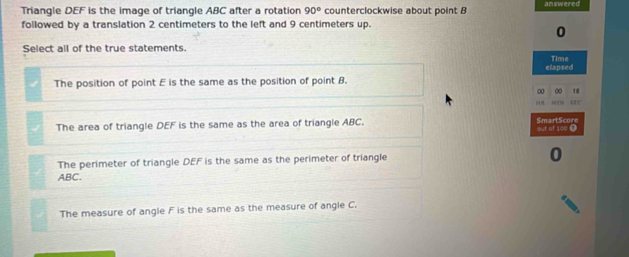 Solved: Triangle DEF is the image of triangle ABC after a rotation 90 ...